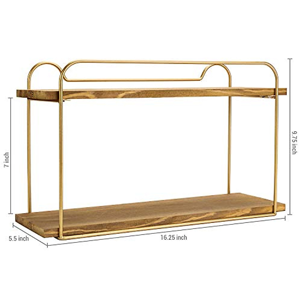 MyGift Modern 2-Tier Floating Wall Shelf, Natural Brown Wood Bathroom Shelves with Vintage Brass Metal Frame