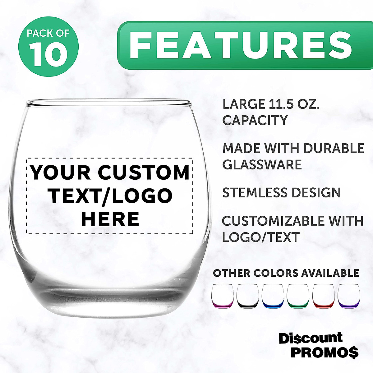 Custom Mikonos Stemless Wine Glasses 11.5 oz. Set of 10, Personalized Bulk Pack - Restaurant Glassware, Perfect for Red Wine, White Wine, Cocktails - Clear