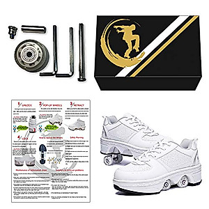 Double-Row Deform Wheel Automatic Walking Shoes Invisible Deformation Roller Skate 2 in 1 Removable Pulley Skates Skating Parkour (White Silver, US 7.5)