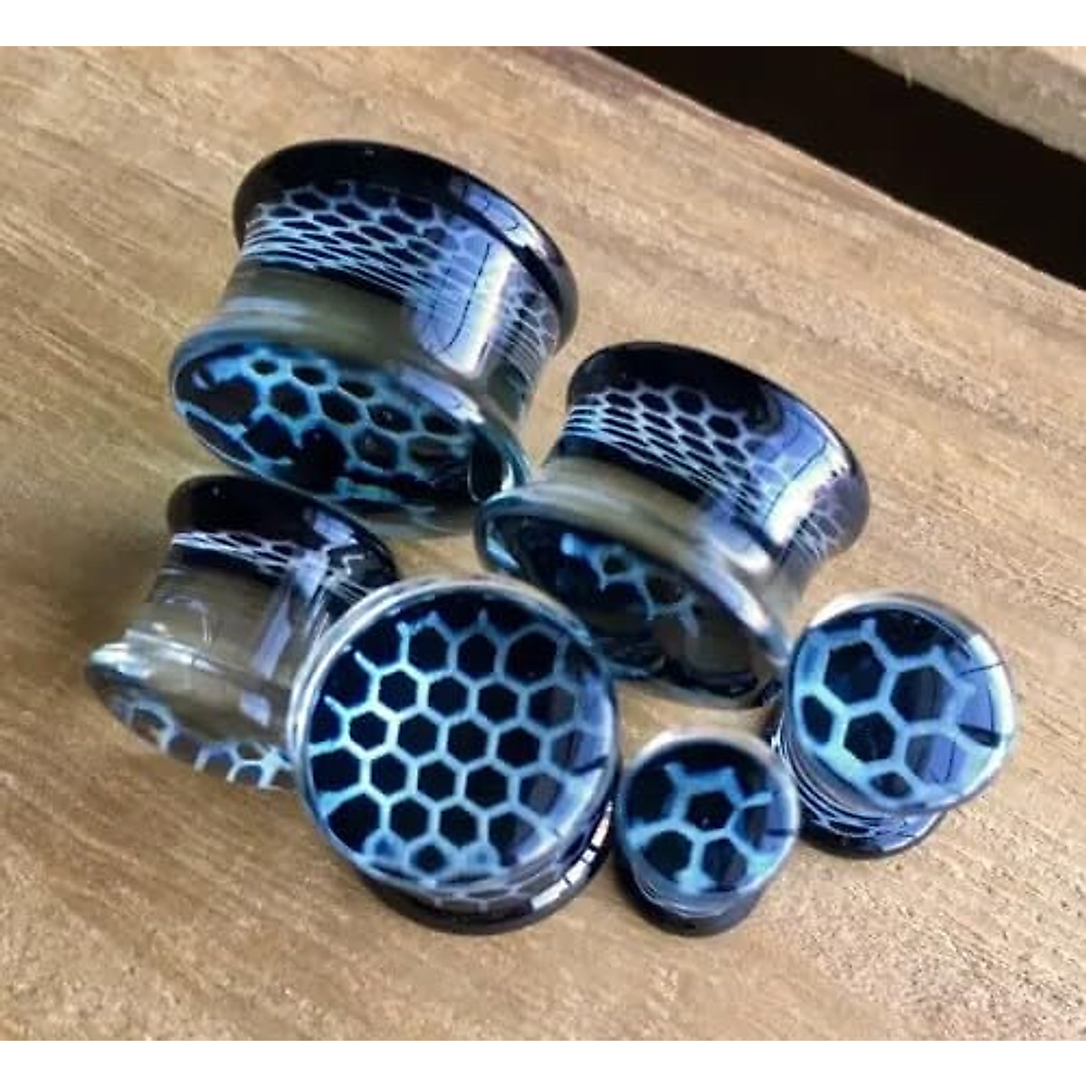 Lobal Domination PAIR of Black Honeycomb Design Pyrex Glass Double Flare Plugs Gauges Body Jewelry (10mm (00g))