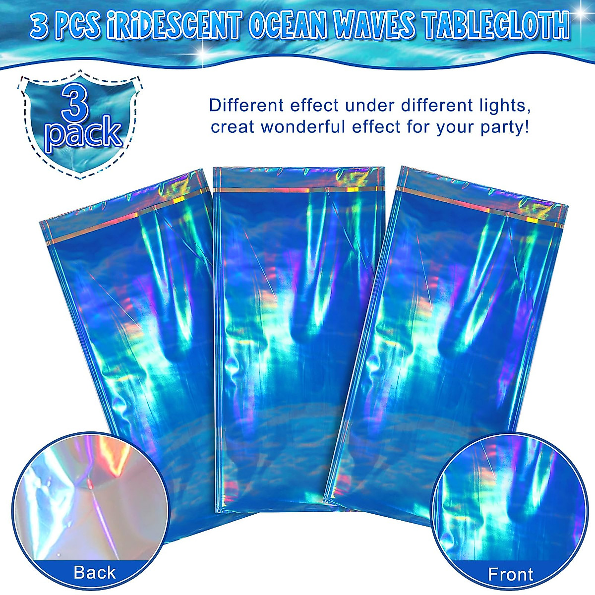 3 Pcs Iridescent Ocean Waves Tablecloths Disposable Plastic Ocean Blue Table Cloth Rectangle Table Covers for Under the Sea Beach Surf Ocean Pool Party Birthday Party Decorations, 54 x 108 Inch