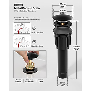 Waterfall Bathroom Sink Faucet, 3 Hole Matte Black Brass Modern Deck Mount 2 Handle Vanity Faucet with Metal Pop-up Drain Stopper & Water Supply Hoses