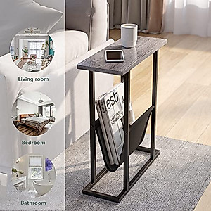 Yusong Small Narrow Side Table for Small Spaces, Slim End Table Magazine Table Nightstand with Storage Holder, Accent Skinny Snack Couch Bedside Table, Grey