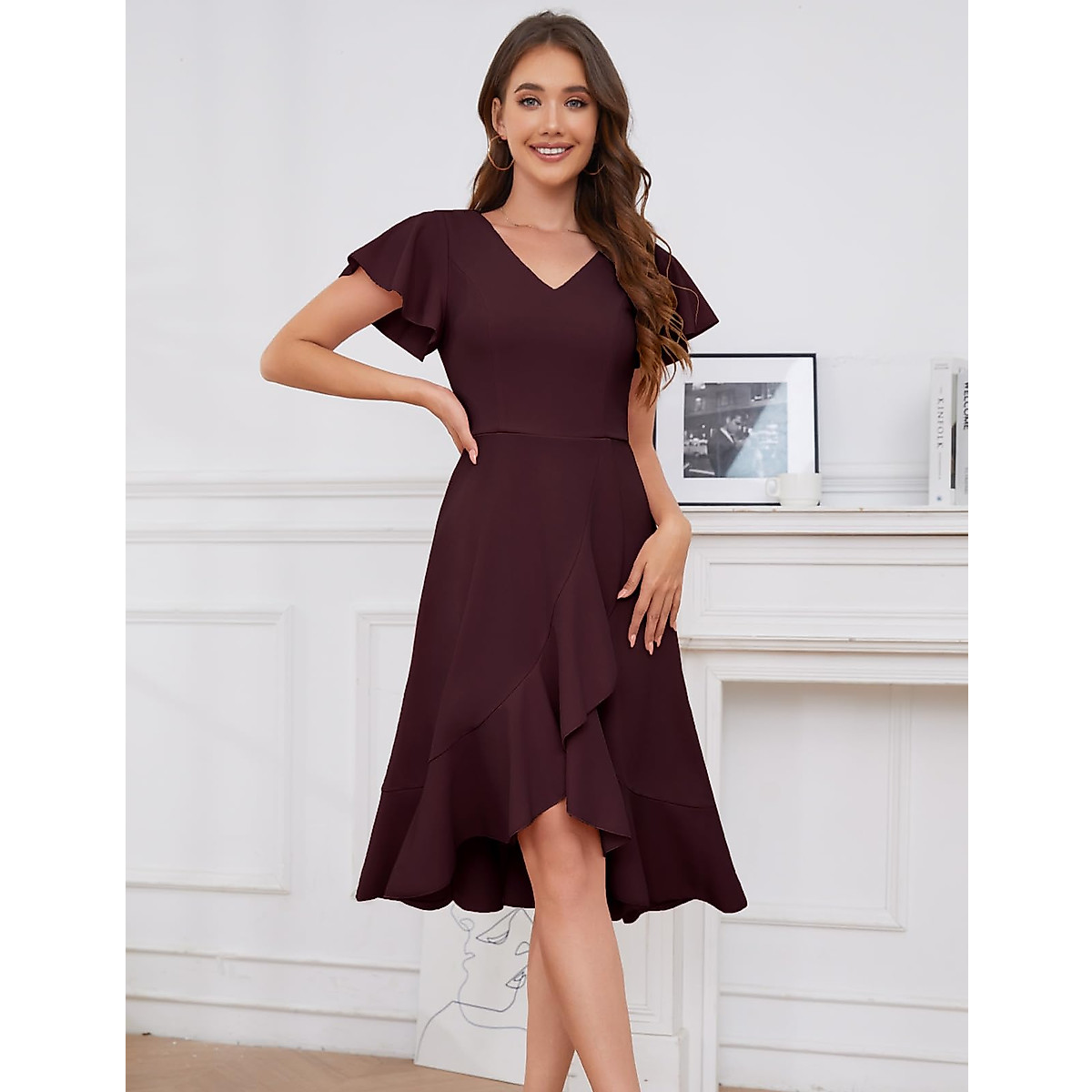 DRESSTELLS Women's Cocktail Tea Party Dresses for Wedding Guest, Red Fit Flare Modest Winter Elegant Dress for Evening Burgundy XL
