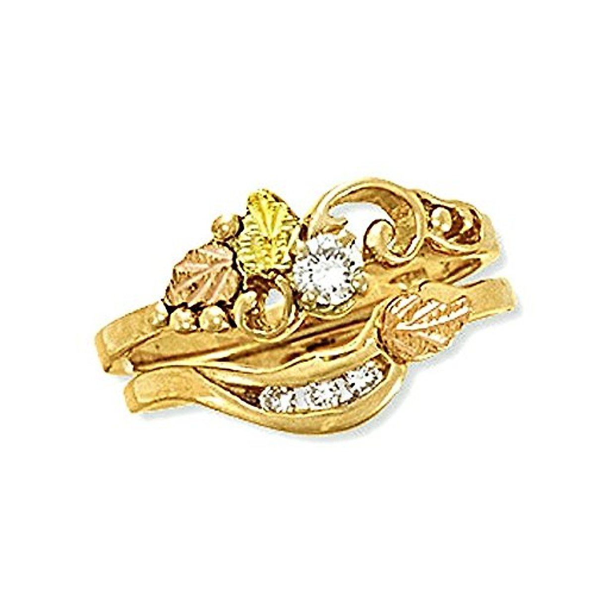 Diamond Bridal Set Engagement and Wedding Ring, 14k Yellow Gold, 12k Green and Rose Gold Black Hills Gold Motif, Size 8