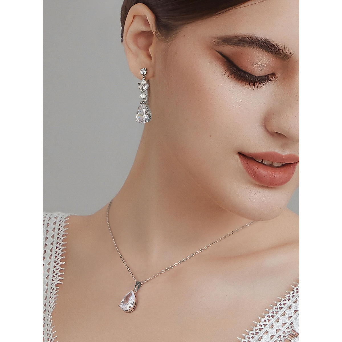 SWEETV Teardrop Wedding Jewelry Sets for Women Brides Bridesmaids, Crystal Bridal Necklace Drop Earrings Set,Prom Costume Bridal Wedding Jewelry, Silver