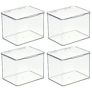 mDesign Plastic Bathroom Storage Organizer Box with Hinge Lid for Closet, Shelf, Cupboard, or Vanity, Hold Medicine, Soap, Lotion, Cotton Swabs, Masks, Styling Tools, Lumiere Collection, 4 Pack, Clear