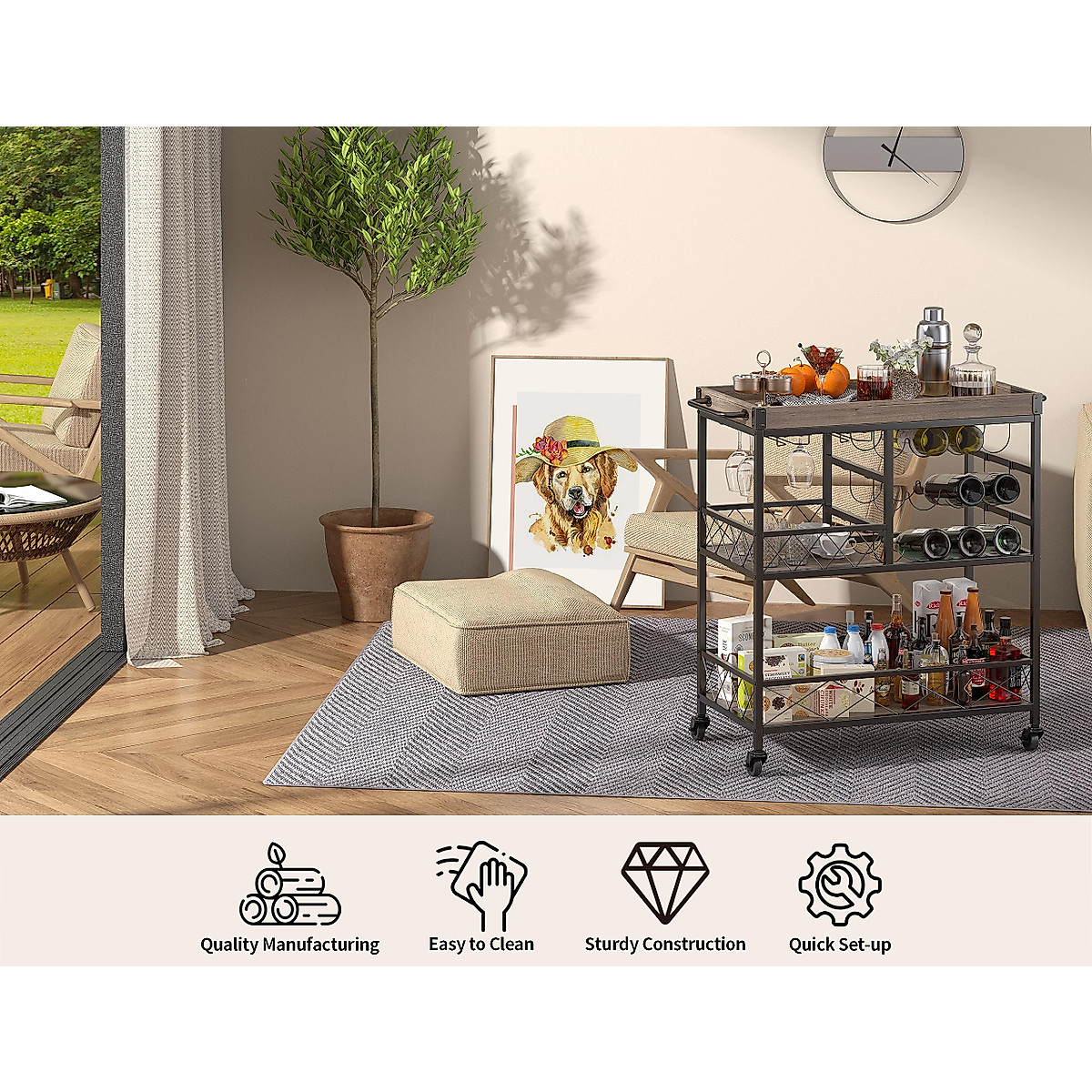 Gizoon 3 Tier 38" Home Bar Serving Cart with Large Storage Space, Mobile Kitchen Storage Trolley with Lockable Wheels, 12 Wine Rack, Glass Holder, Removable Tray (Gray)