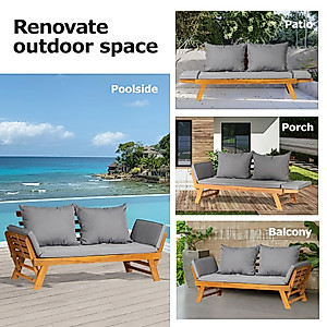 Panana Acacia Wood Convertible Couch Sofa Bed Adjustable Armrest Folding Daybed Collapsible Chaise Lounge w/Cushions Outdoor Loveseat for Garden Patio Poolside Grey