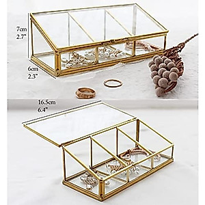 Yalych Jewelry Box Jewelry Case Golden Clear Glass & Brass Metal Storage Jewelry Display With Lid 3 Compartment Rings Bracelet Box. Jewelry Organizer
