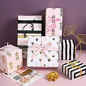 Packanewly Wrapping Paper Roll Set with Cutline on Reverse for All Occasion - Pink Gold White, Black Stripe, Fruit Pineapple Gift Wrap paper Bundle(4 Pack, 100 sq. ft. ttl.) - 30 x 120 Inch Each Roll