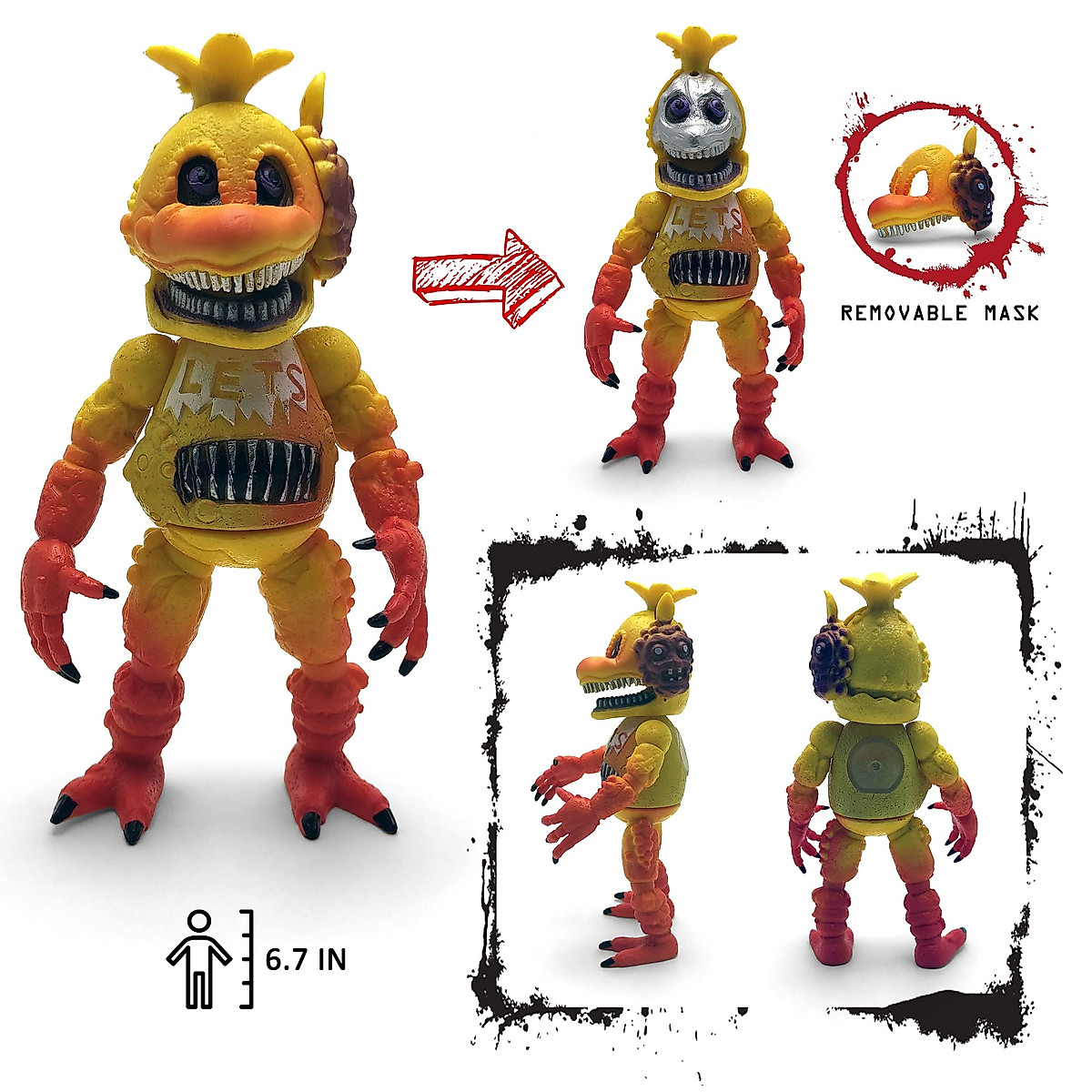 Toysvill Inspired by Five Nights at Freddy Game Action Figures Toys (FNAF) Toy, Set 6 pcs, Height 6in [Nightmare Foxy, Freddy, Bonnie, Fazbear, Chica and Human Security] with Masks