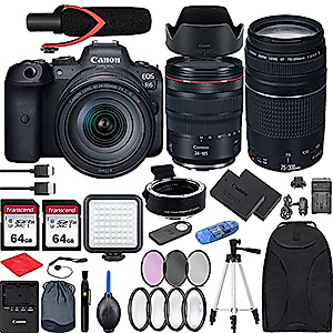Canon EOS R6 with RF 24-105mm f4 is USM Lens Mirrorless Camera Bundle + EF 75-300 is III, EF-EOS R6 Mount Adapter, V30 Microphone, LED Light, Extra Battery and Accessories(Backpack and More), Black