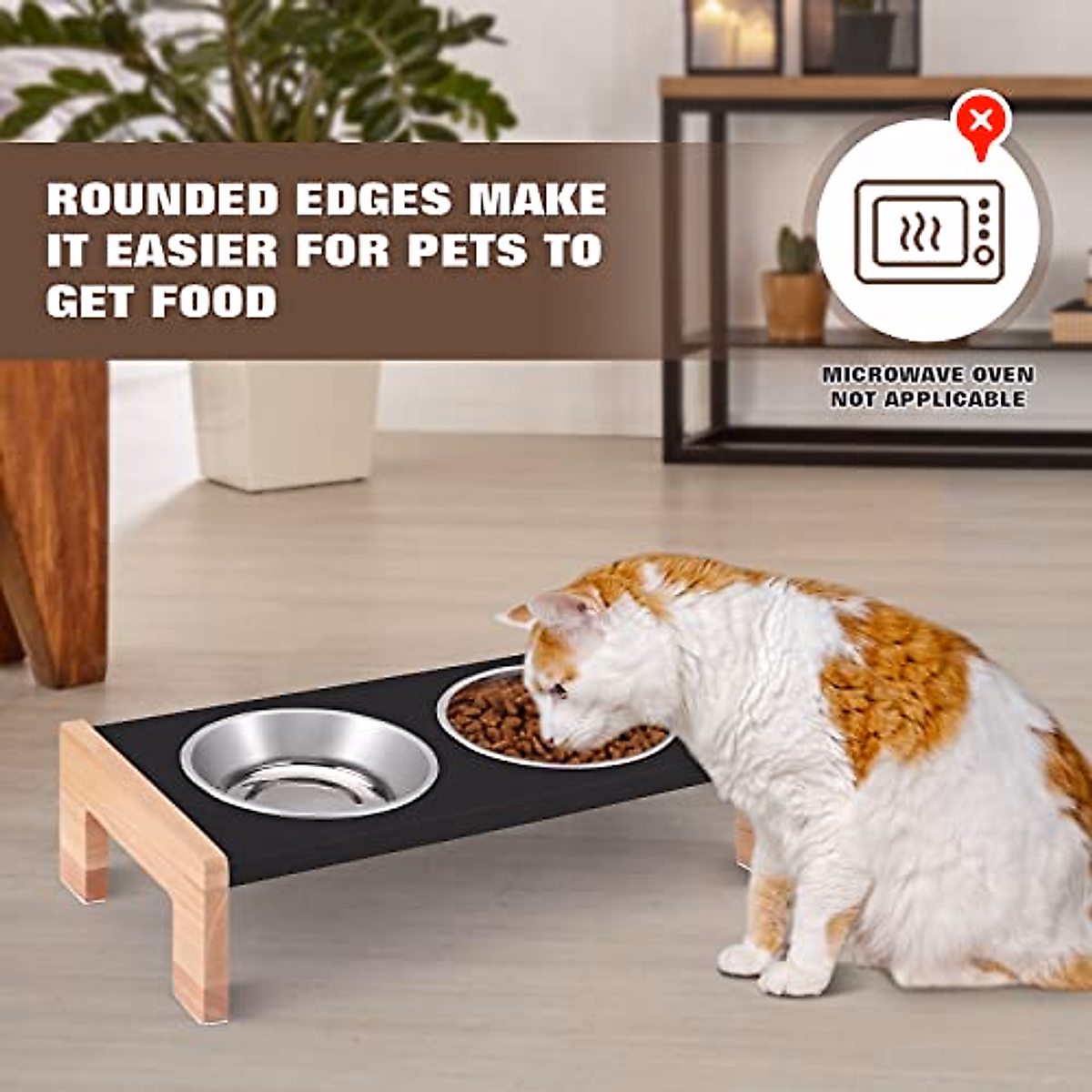 PEEKAB Raised Cat Bowls Elevated Small Dog Bowls,15°Tilted Raised Solid Wood Bowl Holder with 2 Stainless Steel Cat Bowls for Food and Water,Pet Bowls for Indoor Cats and Puppies Small Sized Dogs