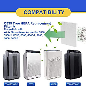 115115 True HEPA Replacement Filters A Compatible with Winix PlasmaWave 5300, 6300, 5300-2, C909, 6300-2, C535, P300,9000, 5000, 5000B Air Purifiers, Size 21 True HEPA Filter Only 3 Pack