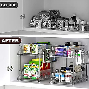 2 Tier Bathroom Organizer with Dividers,1 Set Clear Under Sink Organizers Storage Slide Out Bathroom Vanity Counter Storage Container with 4 Cups for Kitchen Pantry Cabinet Closet, Medicine Organizer