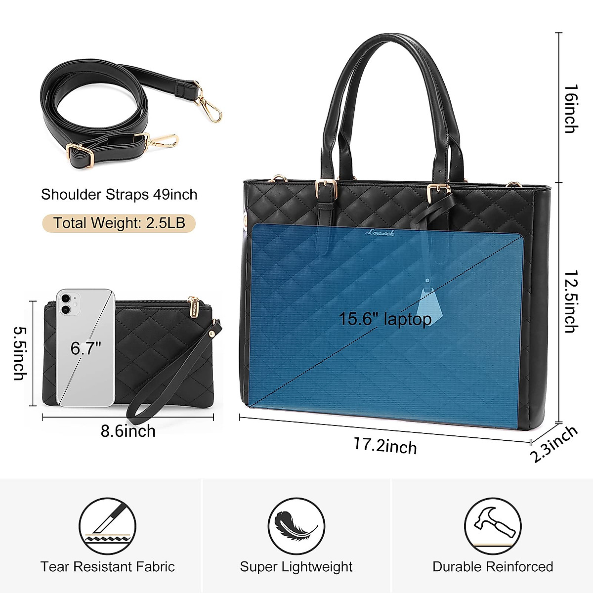 LOVEVOOK Laptop Bag for Women, Work Tote Bag Quilted Leather Computer Shoulder Bag, 15.6 inch Laptop Tote Purse Set, Waterproof Business Briefcase Handbag 2 PCS for Office,Teacher Black