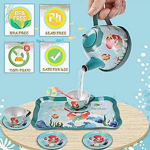 Lajeje Mermaid Tea Party Set for Little Girls, Kids Party Set Toys for 3 4 5 6 Year Old Girls, Pretend Toy Tin Tea Set & Carrying Case, Princess Tea Time Kitchen Play Toys, Birthday Gifts for Girls