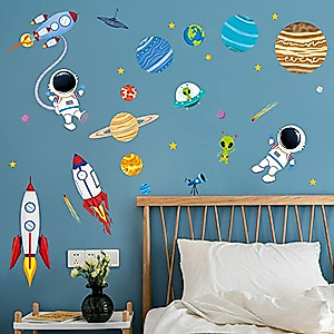 decalmile Outer Space Wall Decals Rocket Planets Astronaut Wall Stickers Baby Nursery Boys Bedroom Playroom Wall Decor