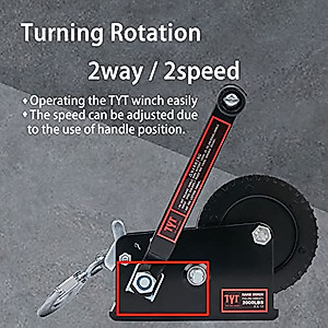 TYT 2000LB Boat Trailer Cable Winch with Heavy Duty Hook, 26ft Steel Cable Hand Crank Winch, Two Way Ratchet Ratio 4:1/8:1 Manual Gear Winch for Towing Lifting Boat Trailer Truck RV ATV Jet Ski Winch