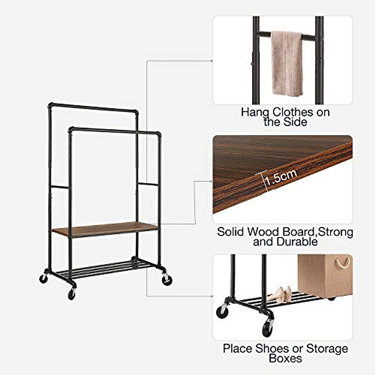 GREENSTELL Clothes Rack with Shelves, Industrial Pipe Style Rolling Garment Rack, Heavy Duty Double Rods Clothes Hanging Rack, Adjustable Height Durable Coat Rack for Organizing Clothes and Shoes