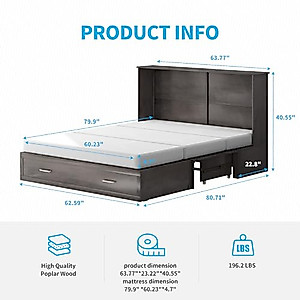 Mjkone Queen Murphy Bed with USB Charging Station | Modern Cabinet Bed with Tri-Folding Mattress | Hide-Away Bed with 2 Drawers for Bedroom | Guest Room | Office (Grey Pattern XI)
