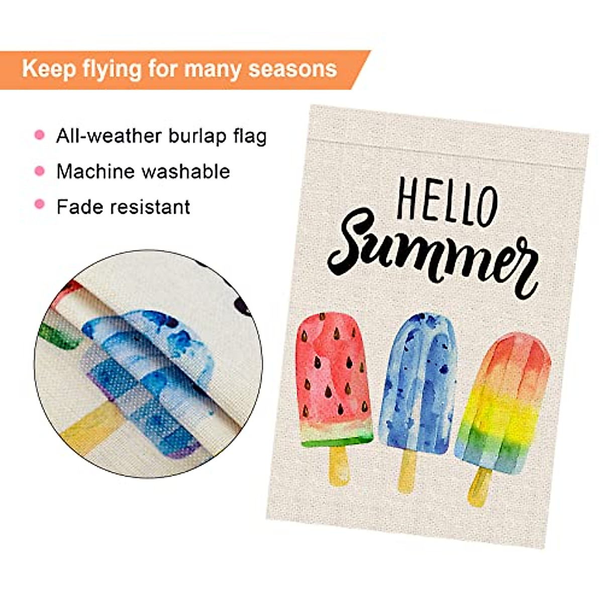 Roberly Hello Summer Garden Flag Double Sided Popsicles Ice Cream Red Blue Rainbow Vertical Banner for Outdoor Yard Summer Decorations Gifts(12.5" x 18")