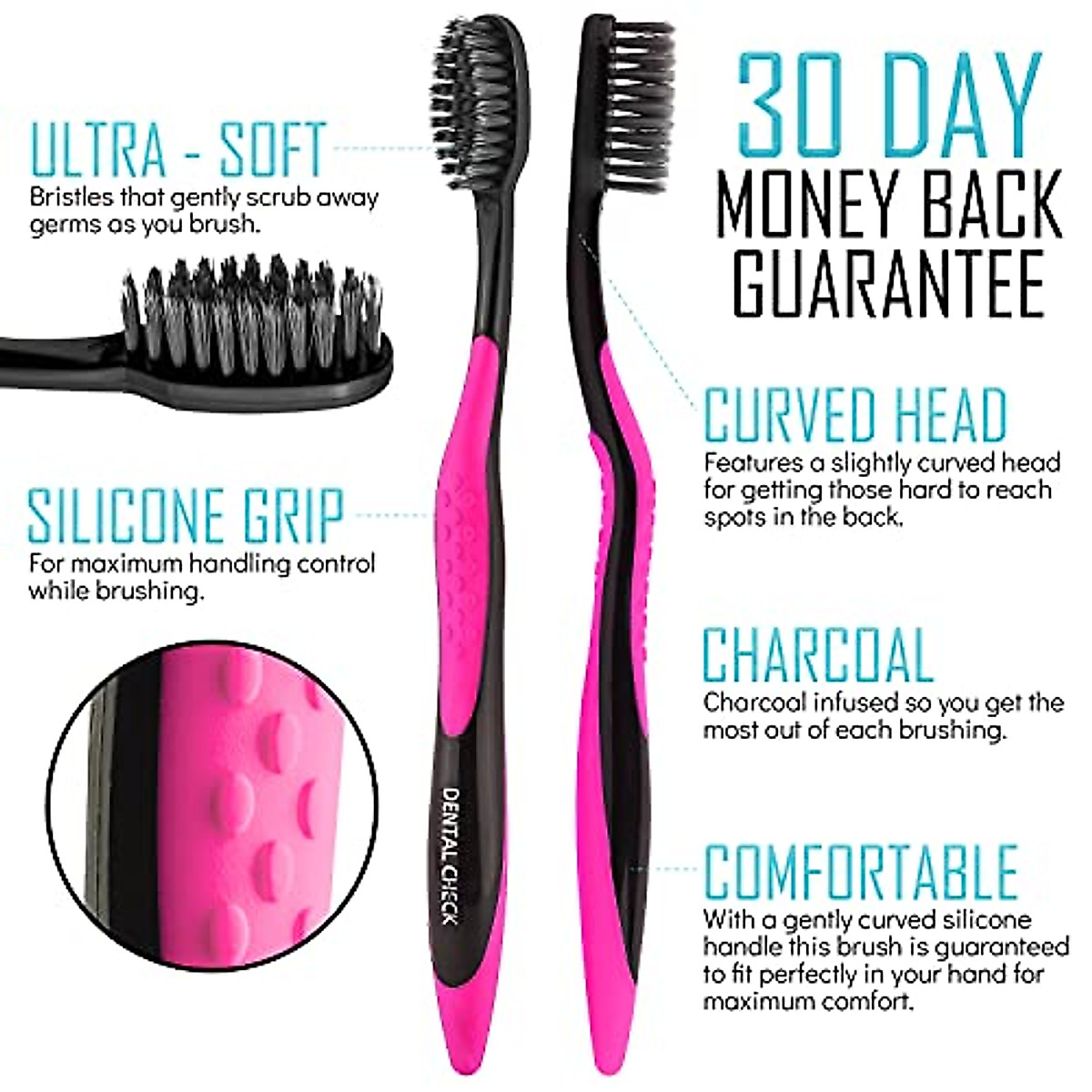 Dental Check 12 Pack Toothbrush, Natural Teeth Whitening Solution, Ultra-Soft Bristles for Dental Care, Angled Bristles for Hard-to-Reach Areas, Clean Away 99% of Plaque & Brighten a Smile (Charcoal)