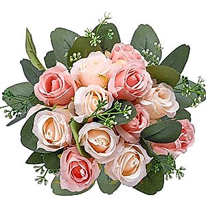 Ageomet 17pcs Artificial Rose Flowers, 12 Silk Fake Flowers Rose and 5 Artificial Eucalyptus Leaves Stems in Bulk, for Home Bridal Wedding Party Festival Decor
