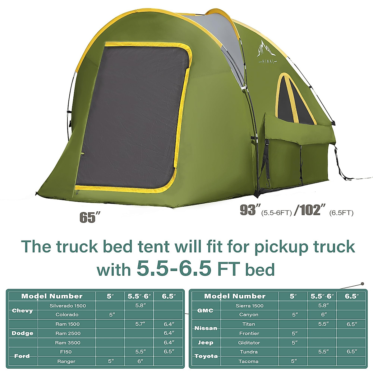GoHimal Pickup Truck Tent, Waterproof PU2000mm Double Layer for 5.5-6.0 FT Truck Bed, Portable Bed Tent for Camping, Green