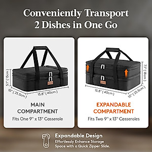 Lifewit Insulated Double Casserole Carrier Thermal Lunch Tote for Potluck Parties, Picnic, Beach, Fits 9 x 13 Inches Casserole Dish, Expandable by Mid Zipper, Black