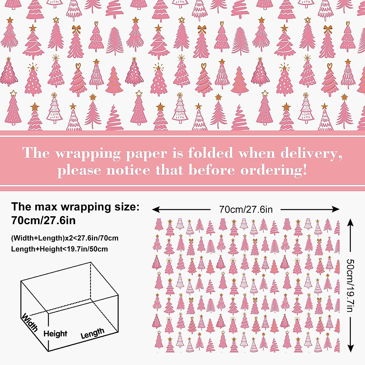 AnyDesign 12 Sheet Pink Christmas Wrapping Paper Santa Snowman Snowflake Star Tree Gift Wrap Paper Folded Flat Xmas Art Paper for Christmas Winter Birthday DIY Crafts Gift Wrapping, 19.7 x 27.6 Inch