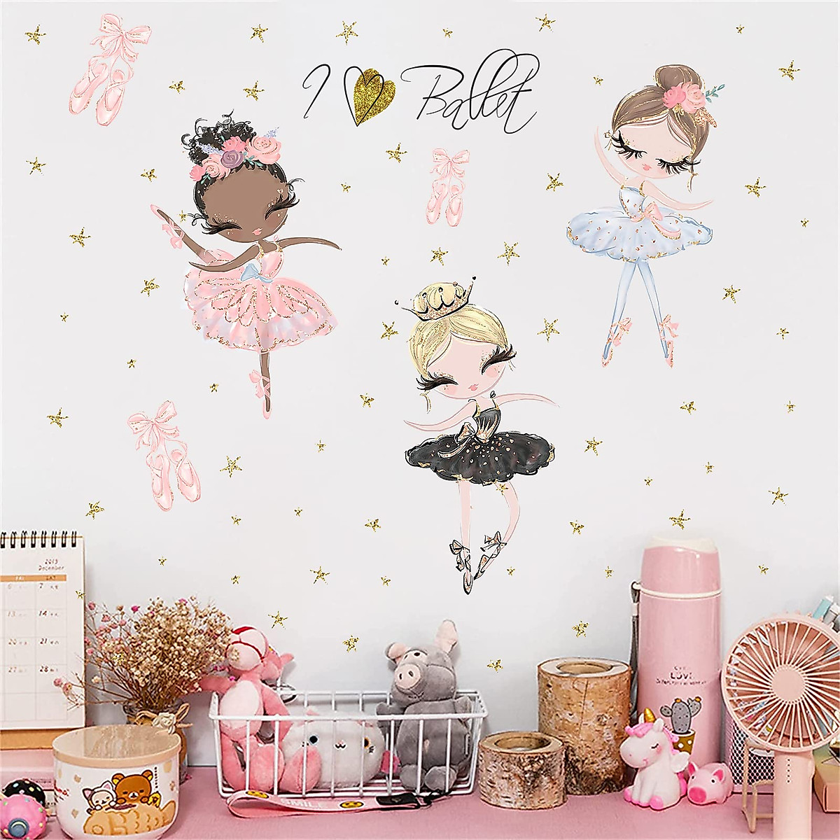 3 Ballet Dancing Girl Wall Art Decals Ballerina Wall Decals Dancing Ballerinas Wall Stickers Ballet Dancer Wall Decals with Stars Wall Art Poster for Girls Room Women (colorA)