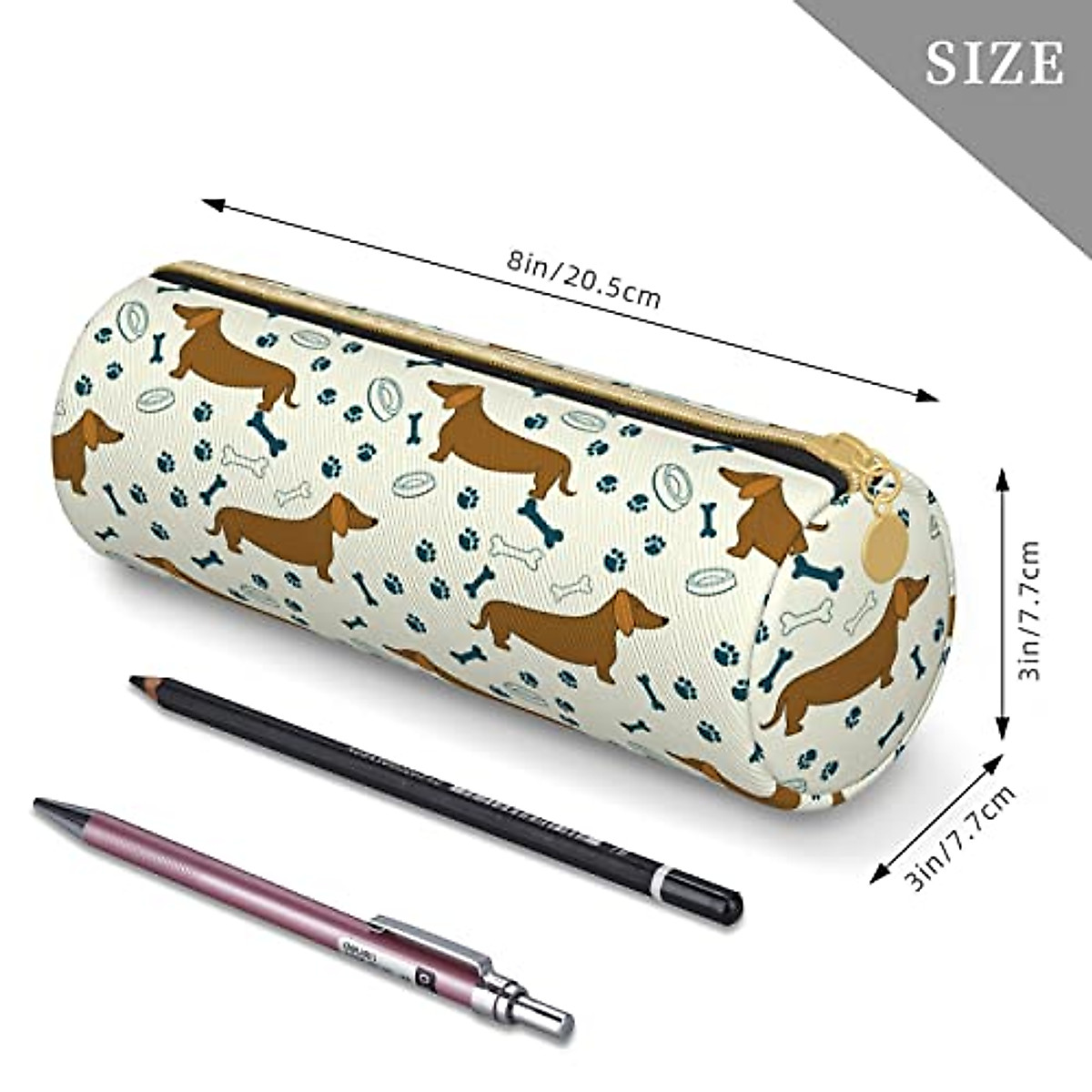 AieeFun Dachshund Dog With Bones Cylinder Pencil Case Holder Zipper Pen Bag Pouch Students Stationery Cosmetic Bag
