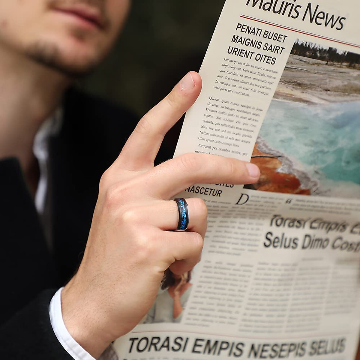 King Will Mens 8mm Black Tungsten Carbide Wedding Ring Blue Foils Inlay Tungsten Ring Beveled Edge Tungsten Ring 11