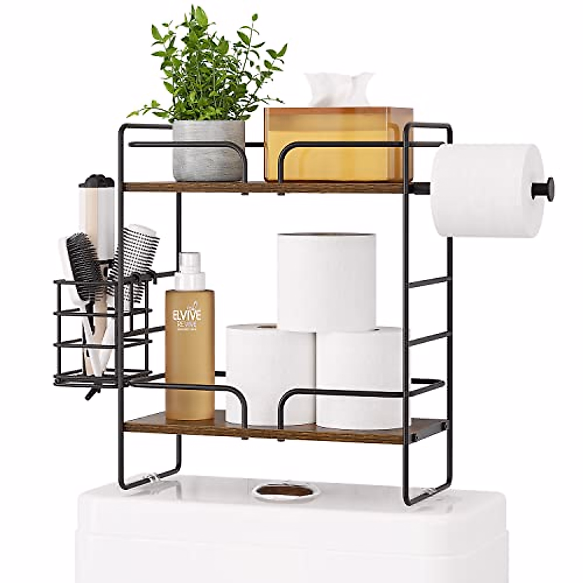 SEIRIONE 2-Tier Over The Toilet Storage Shelf,Wooden Toilet Shelf Organizer with Toilet Paper Holder Storage,Compact Bathroom Toilet Shelf Over Toilet Tank Tray with 3 Mounting Options,Rustic Brown