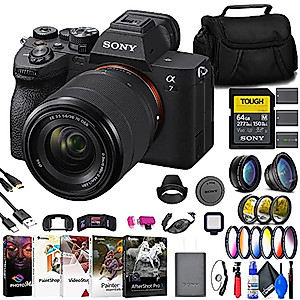 Sony a7 IV Mirrorless Camera with 28-70mm Lens (ILCE-7M4K/B) + 64GB Memory Card + Filter Kit + Wide Angle Lens + Telephoto Lens + Color Filter Kit + Lens Hood + Bag + More (Renewed)