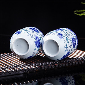 THY COLLECTIBLES Set Of 6 Eastern Asian Design Ceramic Tea Cups In Blue-And-White Peony - 8 OZ Capacity Each