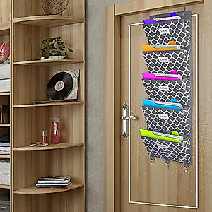 Hanging File Organizer, Over Door File Organizer Wall Mounted Storage Holder Pocket for Magazine, Notebooks, Planners, Mails, Office, Classroom, 5 Extra Large Pockets with Labels, 50.39" H, Grey with Lantern Pattern