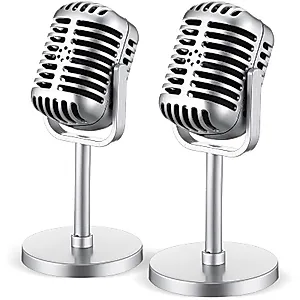 Chivao 2 Pack Retro Microphone Props Model Vintage Microphone Stage Table Decor Plastic Fake Microphone Antique Microphone Decor Stand Microphone Costume Prop for Party Toy (Silver, Classic)