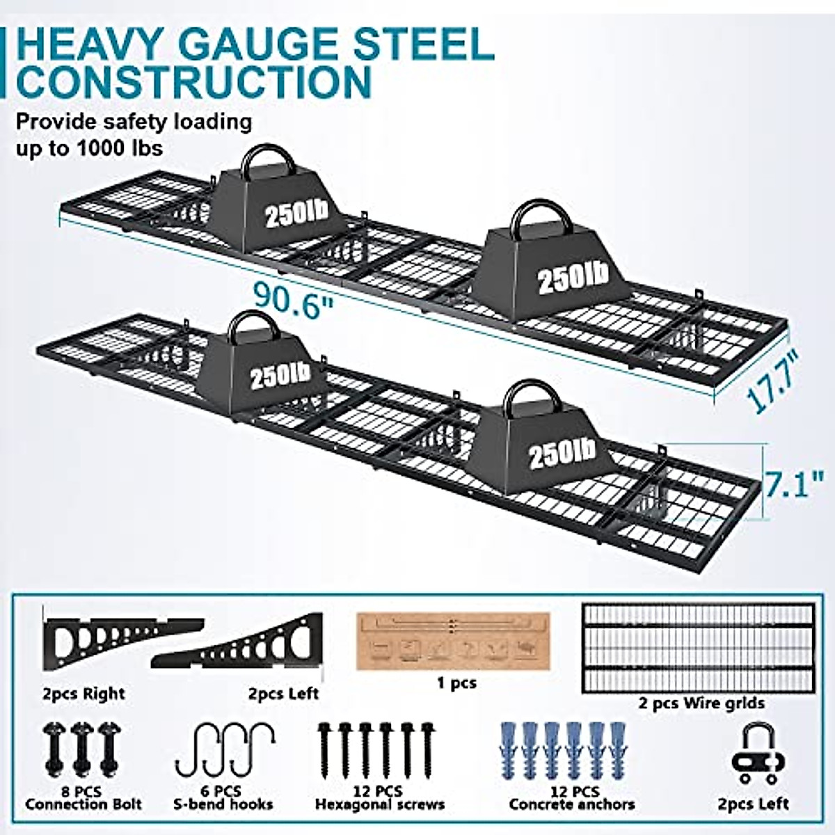 Dtrik Garage Storage Shelving Wall Mounted, 4 Pack 1.5x3.8ft, Loads 1000 lbs Heavy Duty Sturdy Shelves, Strong Garage Organiser, Storage Racks Units, Black Metal Floating Adjustable Wall System Shelf