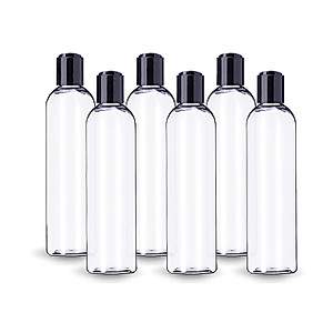 ljdeals 8 oz Clear Plastic Empty Bottles with Black Disc Top Caps, Refillable Containers for Shampoo, Lotions, Cream and More Pack of 6, BPA Free, Made in USA