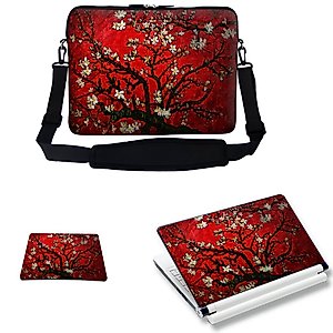 Meffort Inc 15 15.6 inch Laptop Carrying Sleeve Bag Case with Hidden Handle & Adjustable Shoulder Strap with Matching Skin Sticker and Mouse Pad Combo - Vincent Van Gogh Cherry Blossoming