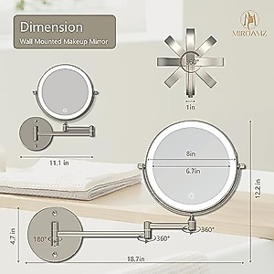 MIROAMZ Rechargeable Wall Mounted Lighted Makeup Vanity Mirror 8 Inch Double Sided 1X 10X Magnifying Bathroom Mirror, 3 Color Lighting, Touch Screen Dimming, 360 Rotation Shaving Mirror Brushed Nickel