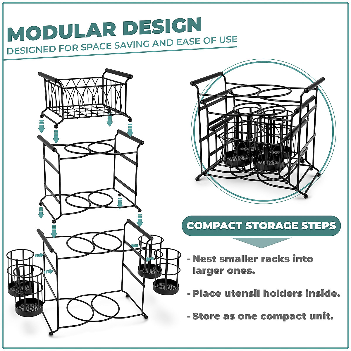 Sorbus® Buffet Caddy — 7-Piece Stackable Set Includes Plate, Napkin, and Silverware Holder, 3-Tier Detachable Tabletop Organizer — Ideal for Kitchen, Dining, Entertaining, Parties,Thanksgiving (Black)