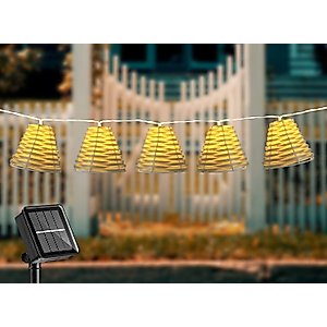 Outdoor Solar LED String Lights, 11ft 10LED Rattan Waterproof Patio Fairy Lights , 8 lighting modes with 5 hooks for Garden Backyard Balcony Christmas Party Wedding Decor, Warm White (Wood color)
