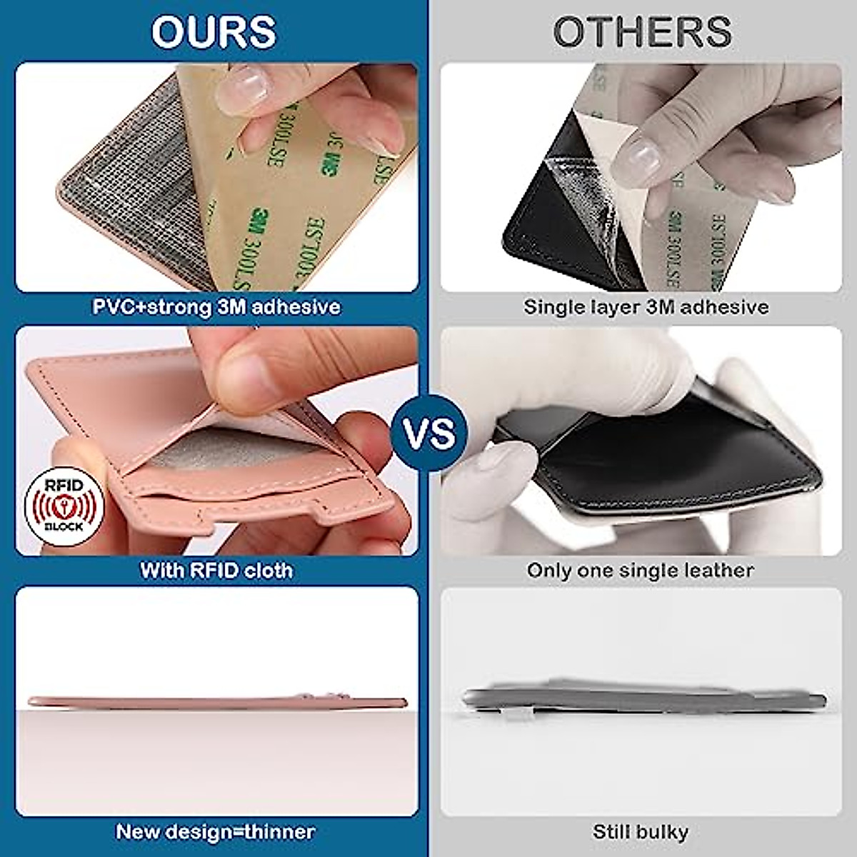 Fulgamo 2Pack Phone Wallet,Leather Phone Card Holder Adhesive Stick On Credit Card Pocket for Back of Phone Case iPhone and Android-Pink,Blue