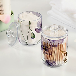 ALAZA 2 Pack Qtip Holder Dispenser for Cotton Ball Watercolor Flowers Purple Poppies Cotton Swab Cotton Round Pads Clear Plastic Acrylic Jar Set Bathroom Canister