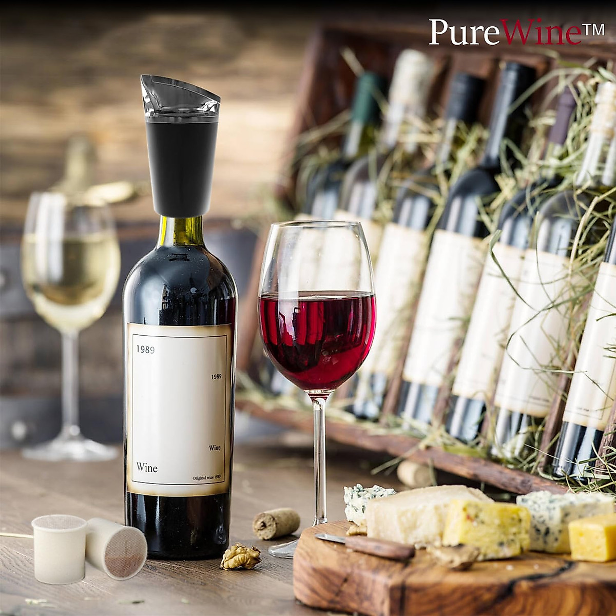 PureWine Phoenix Wine Bottle Filter & Aerator, Reusable Wine Dispenser to Pour Filter Histamine & Sulfites, Aerates & Restores Taste - Noir Starter Kit