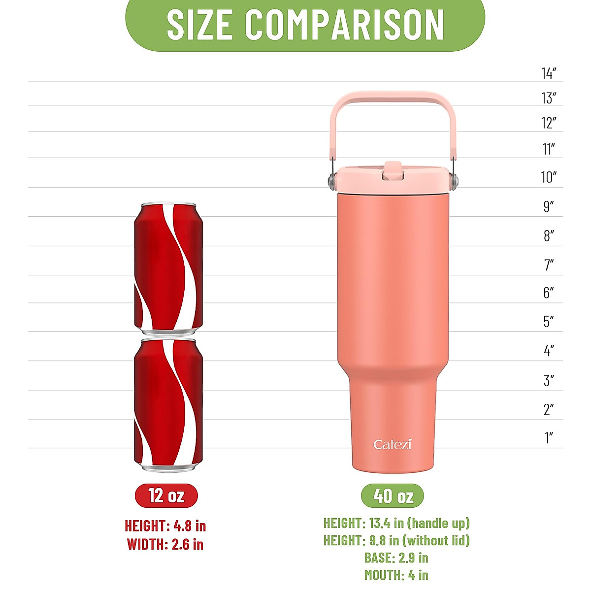 Cafezi 40 oz Tumbler with Handle Flip Straw, Vacuum Insulated Tumblers with Flip Straw and Top Handle, Reusable Insulated Cup for Home, Outdoors, Leakproof, Fits in Cup Holder, Cold for 30 Hours